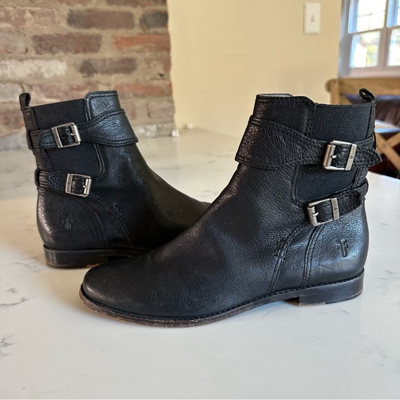 Frye | Shoes | Frye Womens Anna Gore Double Buckle Black Leather Boots ...